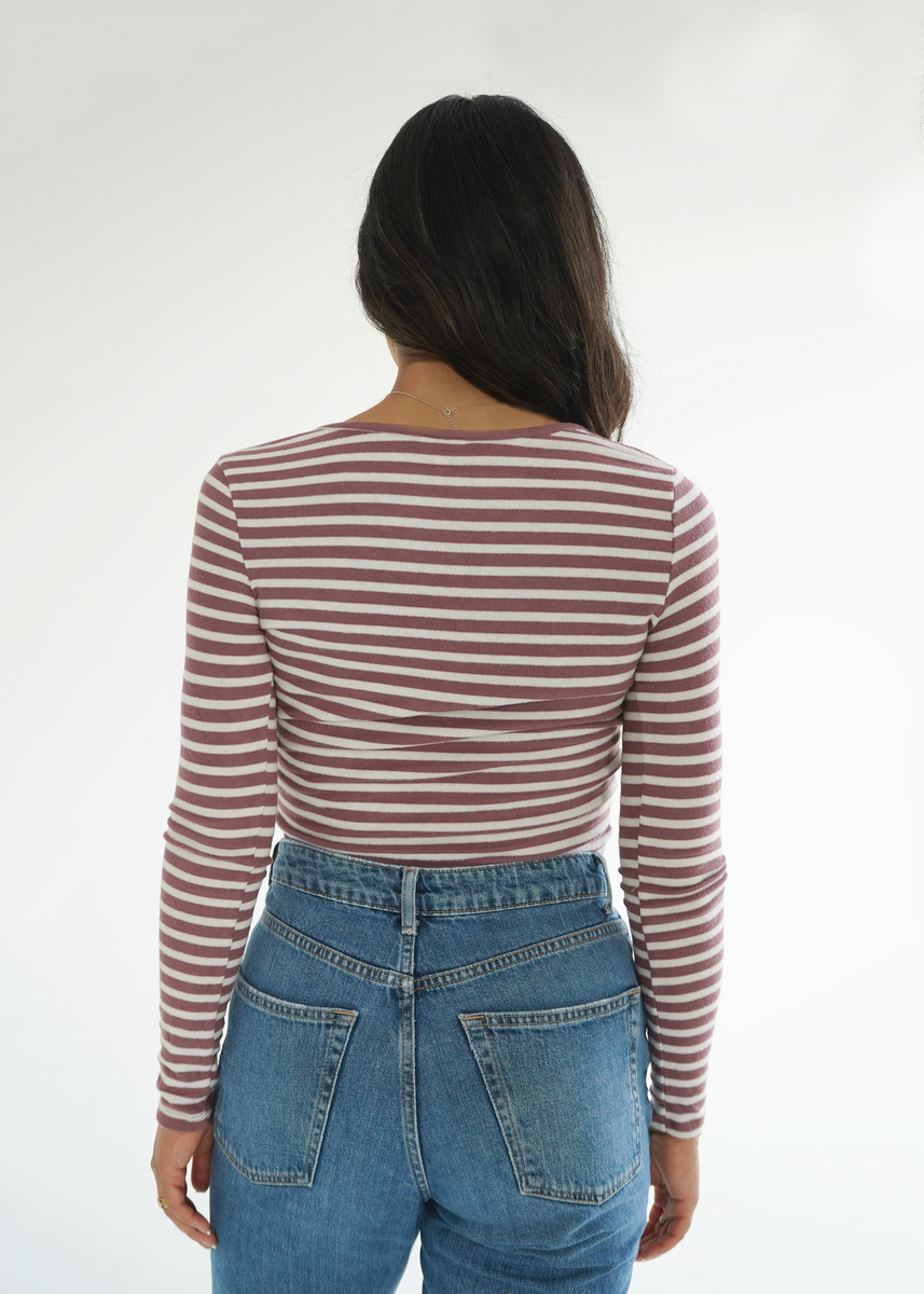 Self Esteem Clothing | Isabelle Elastic Front Striped Top Maroon Red